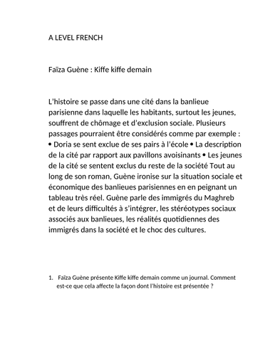 Prepare for Year 13 French A2: Kiffe Kiffe Demain revision notes ...