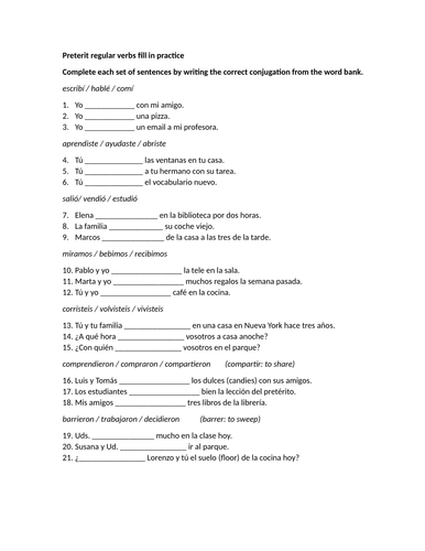 Preterit regular verbs fill in practice | Teaching Resources