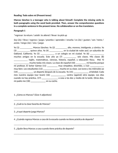 Reading: Todo sobre mí (Present tense) | Teaching Resources