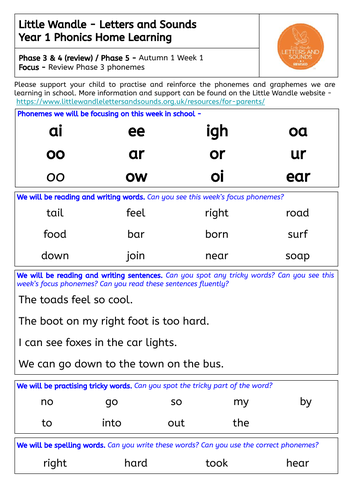 Little Wandle Year 1 Home Learning Pack Full Year | Teaching Resources
