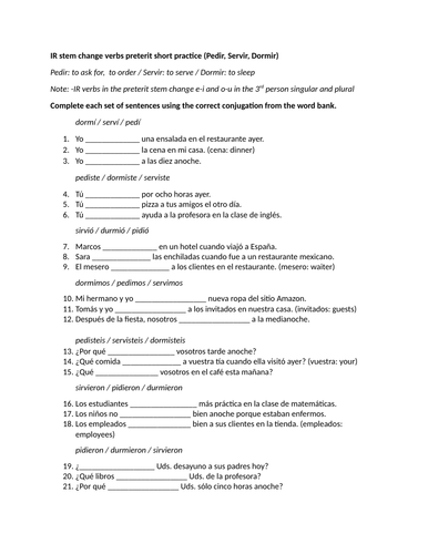 IR stem change verbs preterit short practice (Pedir, Servir, Dormir ...