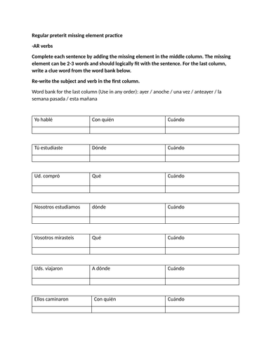 Regular preterit missing element practice | Teaching Resources