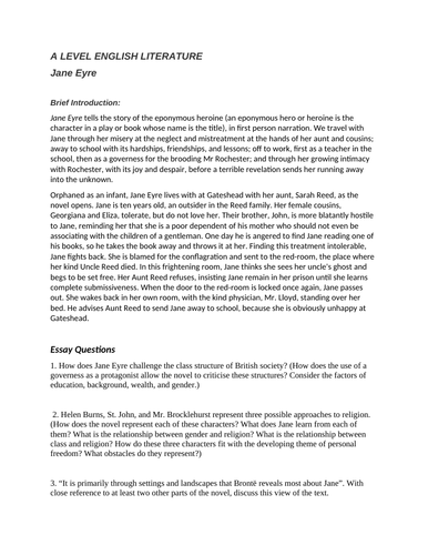 A2 level English Literature Jane Eyre Revision Notes (WJEC) | Teaching ...