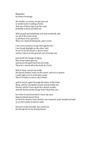 Remains Simon Armitage 2 Lessons Teaching Resources