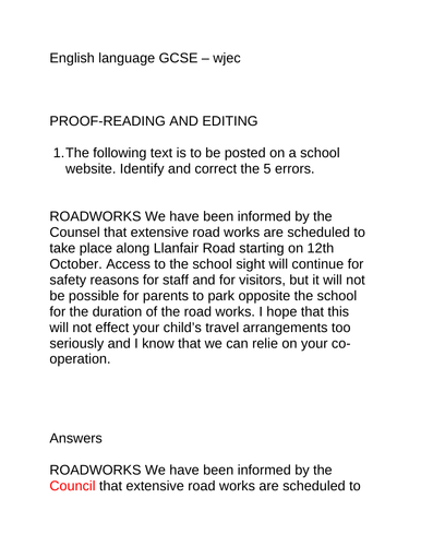 TEACHERS RESOURCE; WJEC GCSE ENGLISH LANGUAGE proofreading and editing ...