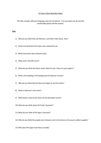 12 years a Slave film support sheets | Teaching Resources