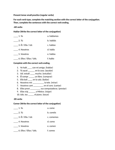 Present tense small practice (regular verbs) | Teaching Resources