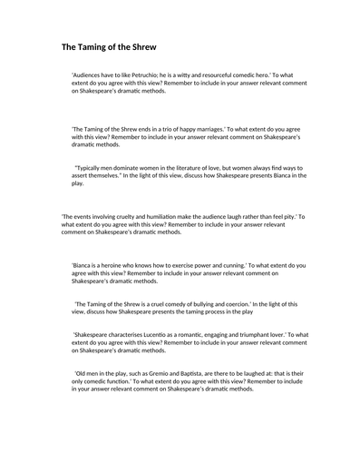 A LEVEL ENGLISH LITERATURE mock examination question THE TAMING OF THE ...