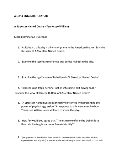 A LEVEL ENGLISH LITERATURE: a bank of essay question on A STREETCAR ...