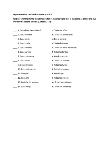 Imperfect tense similar clue words practice | Teaching Resources