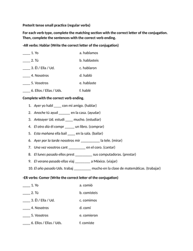 Preterit tense small practice (regular verbs) | Teaching Resources
