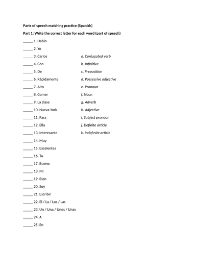 Parts of speech matching practice (Spanish) | Teaching Resources