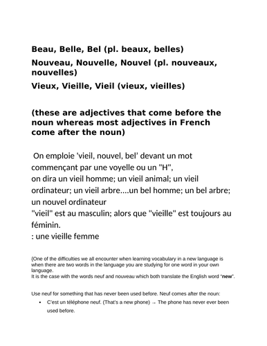 A LEVEL FRENCH revision notes on the adjectives nouveau/nouvelle beau ...