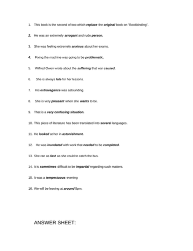 GCSE ENGLISH LANGUAGE; worksheet on synonyms | Teaching Resources