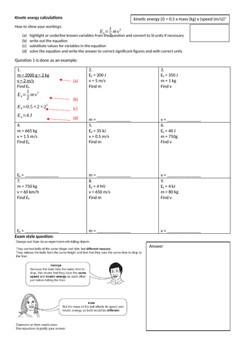 Kinetic Energy Equation Practice | Teaching Resources