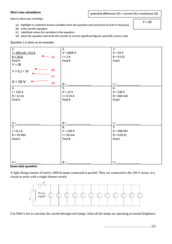 Ohms Law Equation Practice Teaching Resources