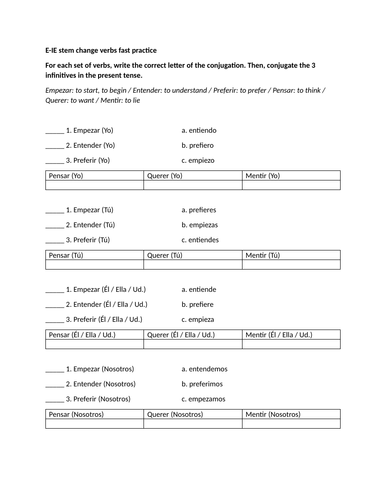 E-IE stem change verbs fast practice | Teaching Resources