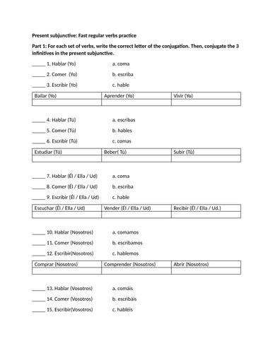 Present subjunctive: Fast practice regular verbs | Teaching Resources