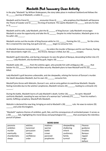 Macbeth Plot Summary Cloze Teaching Resources
