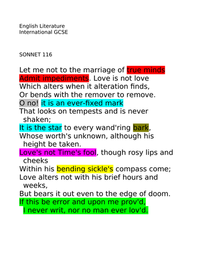 Revision Notes on Sonnet 116;Level 9 iGCSE ENGLISH LITERATURE ...