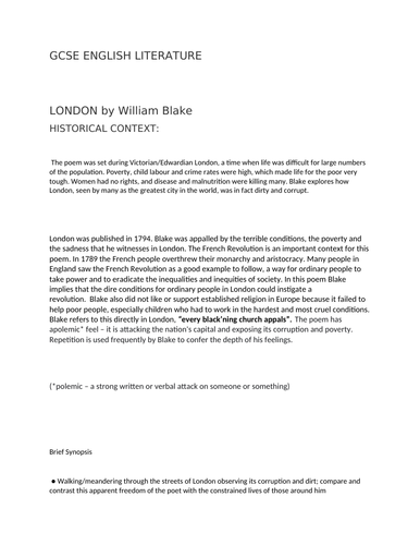 GCSE REVISION Notes: poetry anthology AQA London by William Blake ...