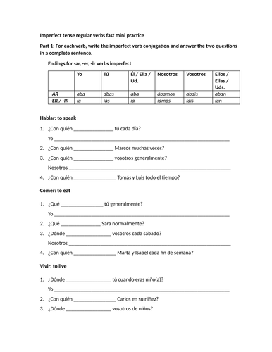 Imperfect tense regular verbs fast mini practice | Teaching Resources