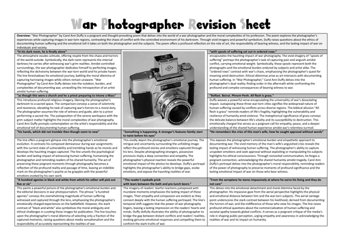 War Photographer Revision Sheet | Teaching Resources