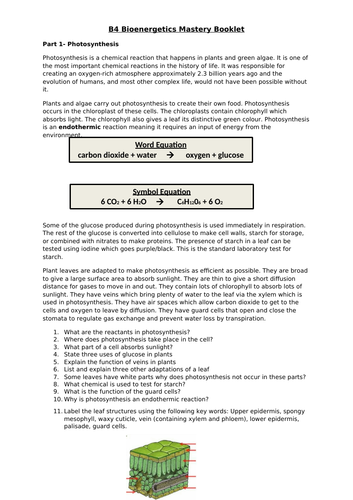 AQA GCSE Biology B4 Mastery booklet | Teaching Resources