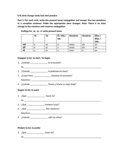 E-IE stem change verbs fast mini practice | Teaching Resources