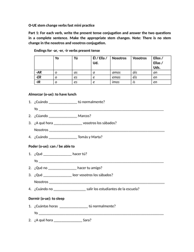 O-UE stem change verbs fast mini practice | Teaching Resources