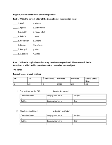 Regular present tense verbs questions practice | Teaching Resources