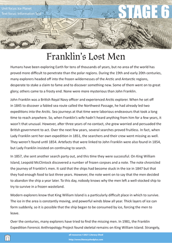 Year 6 Guided Reading - 1 week - Literacy Shed's 'Franklin's Lost Men ...