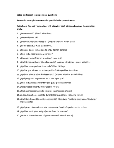 Sobre mi: Present tense personal questions | Teaching Resources