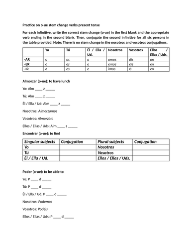 Practice on o-ue stem change verbs present tense | Teaching Resources