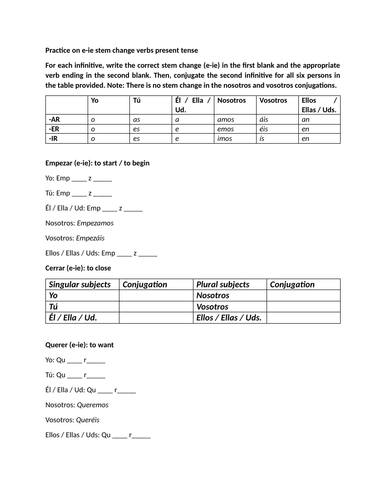 Practice on e-ie stem change verbs present tense | Teaching Resources