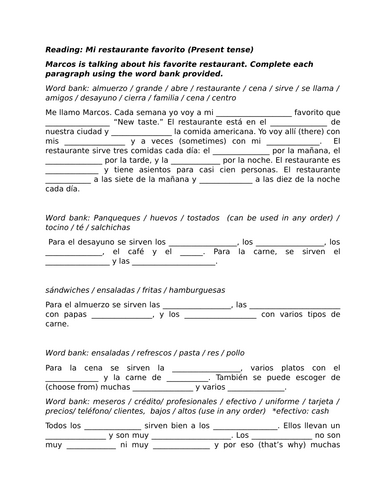 Reading: Mi restaurante favorito (Present tense) | Teaching Resources