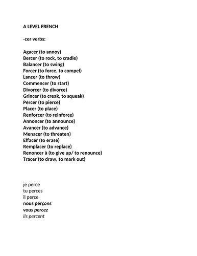 A LEVEL FRENCH revision notes on 'cer' verbs and the use of the cedilla ...