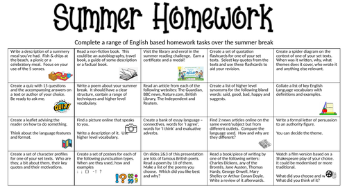 GCSE English Summer Homework Grid | Teaching Resources