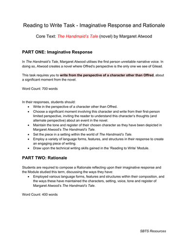 Reading to Write Assessment Task - The Handmaid's Tale | Teaching Resources