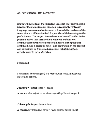 The Imperfect Tense French revision notes; GCSE / iGCSE FRENCH ... The Imperfect Tense French revision notes; GCSE / iGCSE FRENCH ...