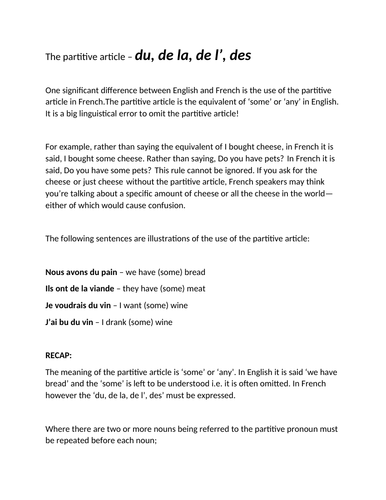 The Partitive Article in French: de, de la , d', du, des- GCSE REVISION ...