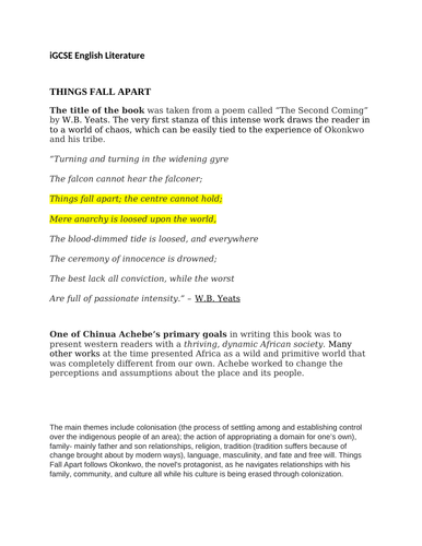 iGCSE ENGLISH LITERATURE "Things Fall Apart" revision notes | Teaching ...