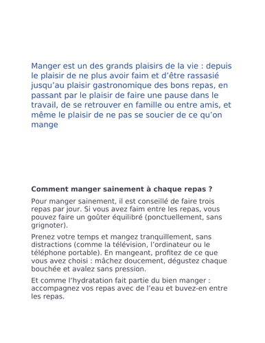 GCSE FRENCH SPEAKING EXAM: "manger sainement" extensive phrases and ...