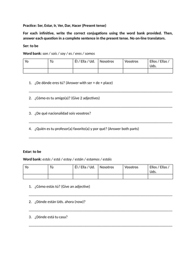 Practice: Ser, Estar, Ir, Ver, Dar, Hacer (Present tense) | Teaching ...