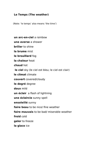 Year 7 French- Discussing the Weather "Quel temps fait-il?" | Teaching ...