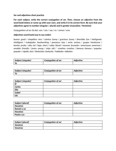 Ser and adjectives short practice | Teaching Resources