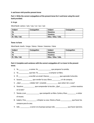 Ir and tener mini practice present tense | Teaching Resources
