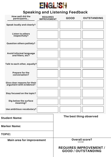 Speaking and Listening Feedback Sheet Informal Language Oracy ...