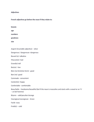 Home School French; ADJECTIVES - including invariable adjectives ...