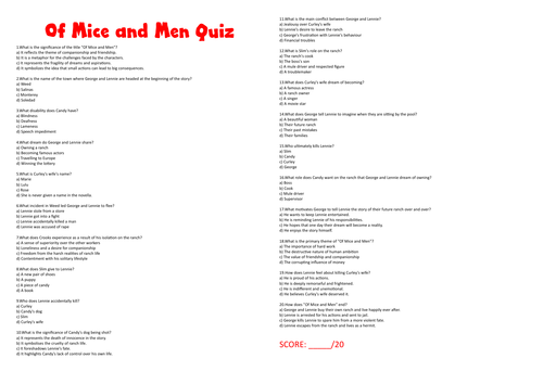 Of Mice And Men Revision Multiple Choice Quiz Teaching